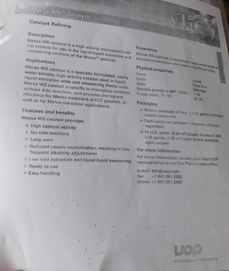 Merox-WS catalyst, Merox manufactured by Honeywell - Other - Iran